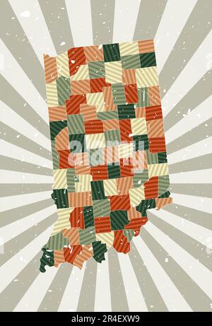 Vintage map of Indiana. Grunge sunburst around the us state. Black ...