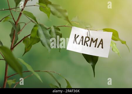 Sheet of paper with word Karma on branch against grey background. Space ...