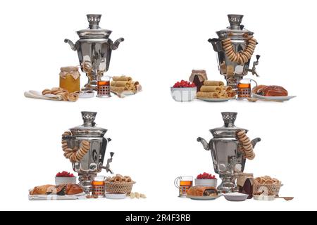 Traditional Russian samovars and treats on white background, collage ...