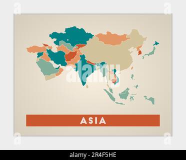 Asia map. Continent poster with regions. Shape of Asia with continent ...