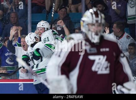 Seattle Thunderbirds' Kyle Crnkovic (61) and Lucas Ciona (47) celebrate ...