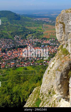view at Neuffen village from Hohenneuffen castle, Swabian Alb, Baden ...