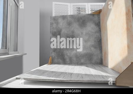 Double-sided backdrops on table in photo studio Stock Photo - Alamy
