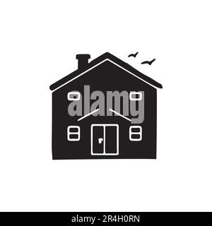 Wooden log cabin in scandi linocut style vector illustration. Alpine ...