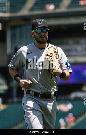 Miami Marlins shortstop Jon Berti attempts to turn a double play after ...