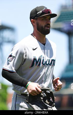 Miami Marlins shortstop Jon Berti attempts to turn a double play after ...