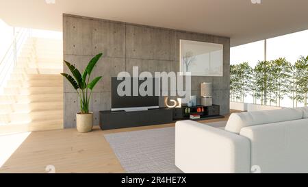 Internal view of an open space with big windows, large size, modern and ...