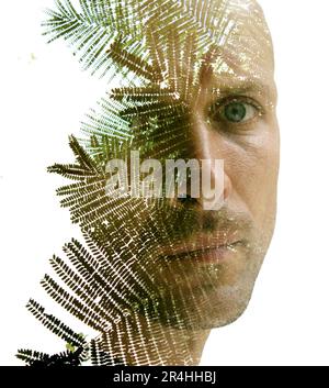 Foliage face. Double exposure. Harmony balance. Profile silhouette of ...