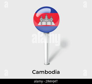 Cambodia map pin flag icon. Cambodian pennant map marker on a metal needle. 3D realistic vector ...