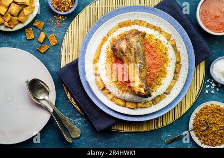 Arabic Cuisine; Egyptian oriental Fattah with white rice and crispy ...