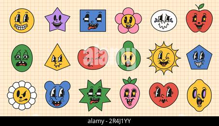 Retro Cartoon Characters Funny Faces in 30s Mascot Style. Vector Old ...