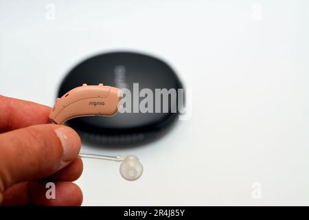 Cairo, Egypt, May 15 2023: Signia hearing aid siemens for seniors ...