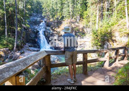 Hiker near beautiful waterfall in Canadian mountains Stock Photo - Alamy
