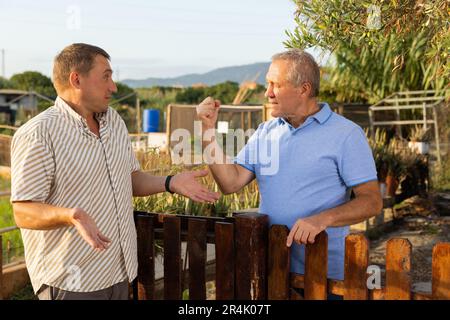 Two men neighbors standing at fence and chatting Stock Photo - Alamy