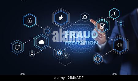 Fraud prevention. Man using digital screen, closeup. Scheme with icons ...