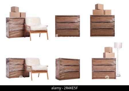 Furniture and lamp wrapped with stretch film and cardboard boxes on ...