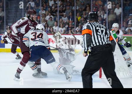 Kamloops Blazers' Ashton Ferster (34), Jakub Demek (27) and Shea Van ...