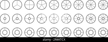 Set of graphic donut or pie charts divided on 7 equal parts ...
