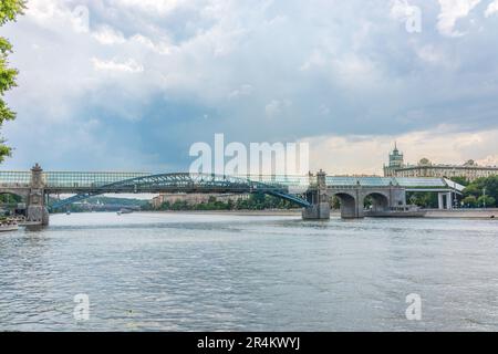 View of the Moscow river embakment, Pushkinsky bridge and cruise ships ...