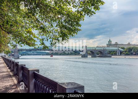 View of the Moscow river embakment, Pushkinsky bridge and cruise ships ...