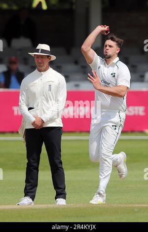 Fionn Hand in bowling action for Ireland during Essex CCC vs Ireland ...