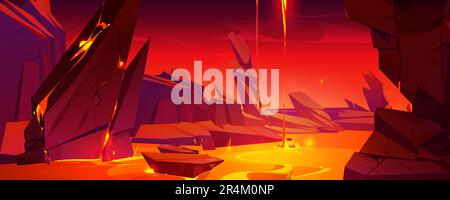 Lava cave background with rock and flowing liquid lava. Vector picture ...