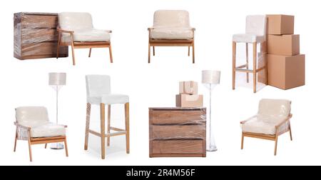 Furniture and lamps wrapped with stretch film and cardboard boxes on ...