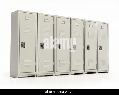 Row of empty white cabinets isolated on white background with soft ...