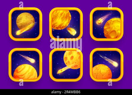 Space game, mobile arcade with kid astronaut on alien planet landscape and jump platforms with ...