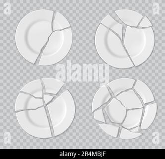 Crack plates. Realistic damaged dishware table wrek kitchen utensil ...