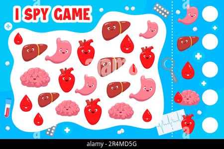 I spy game quiz worksheet. Cartoon human body organ characters. Object ...
