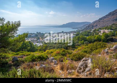 View of Pefki and coastline from elevated position at sunset, Pefki ...