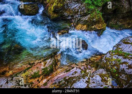 Scenic landscape with Radovna mountain river flowing through Vintgar ...