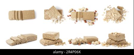 Collage of tasty peanut halva on white background Stock Photo - Alamy