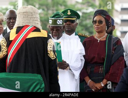 Abuja, Nigeria. 29th May, 2023. Bola Ahmed Tinubu (Front) waves to people after being sworn in ...