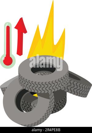 Tire burning icon isometric vector. Burning worn car tire and red ...