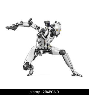 droid soldier is landing like a super hero in action and holding a ...