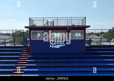 A general overall aerial view of the Serra Cavaliers logo at midfield ...