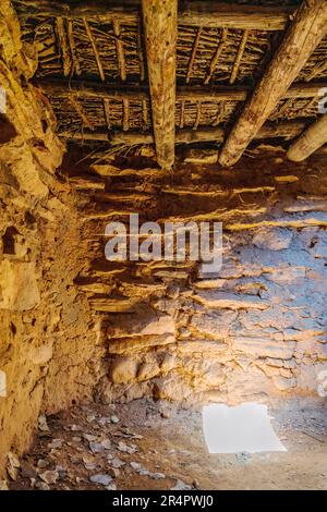 Interior view of replica of ancient Puebloan stone & mud block home ...