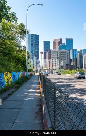 view of Calgary downtown on Centre Street showing tall corporate office ...