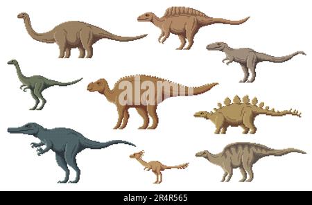 Pixel dinosaur characters. 8 bit pixel art game dino animals ...