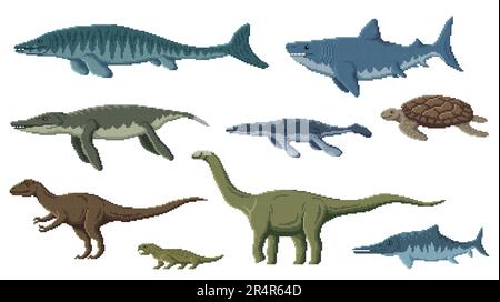 Pixel dinosaur characters. 8 bit pixel art game dino animals ...