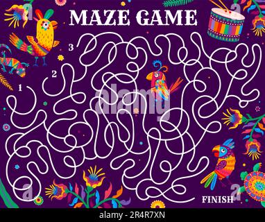 Labyrinth maze game. Cartoon mexican sombrero, guitar, poncho and ...
