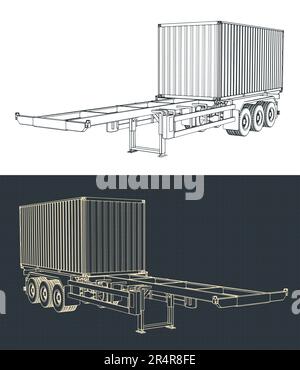Stylized vector illustrations of blueprints of tri-axle container ...