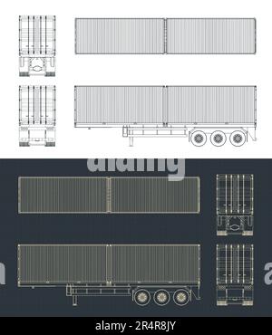 Stylized vector illustrations of blueprints of 3 axle lowbed trailer ...