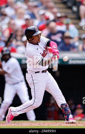Cleveland Guardians' José Ramírez bats during a baseball game against ...