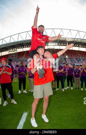 Limerick, Ireland. 29th May, 2023. Munster players celebrate with a ...