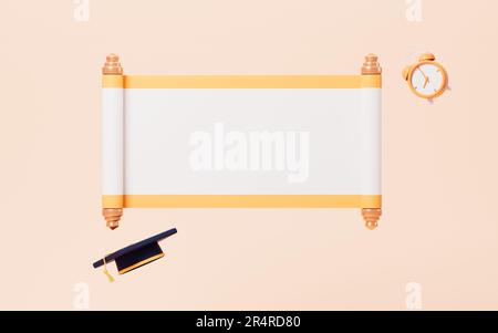 Opening scroll and graduate cap on the yellow background, 3d rendering ...