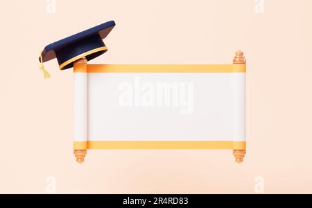 Opening scroll and graduate cap on the yellow background, 3d rendering ...