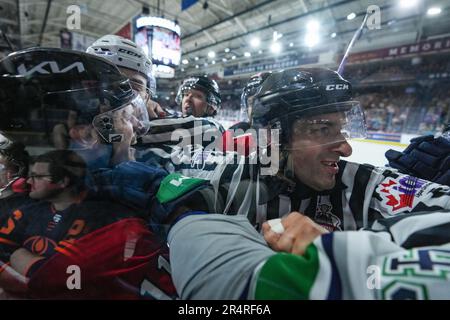 Quebec Remparts' James Malatesta, front left, is separated from Seattle ...